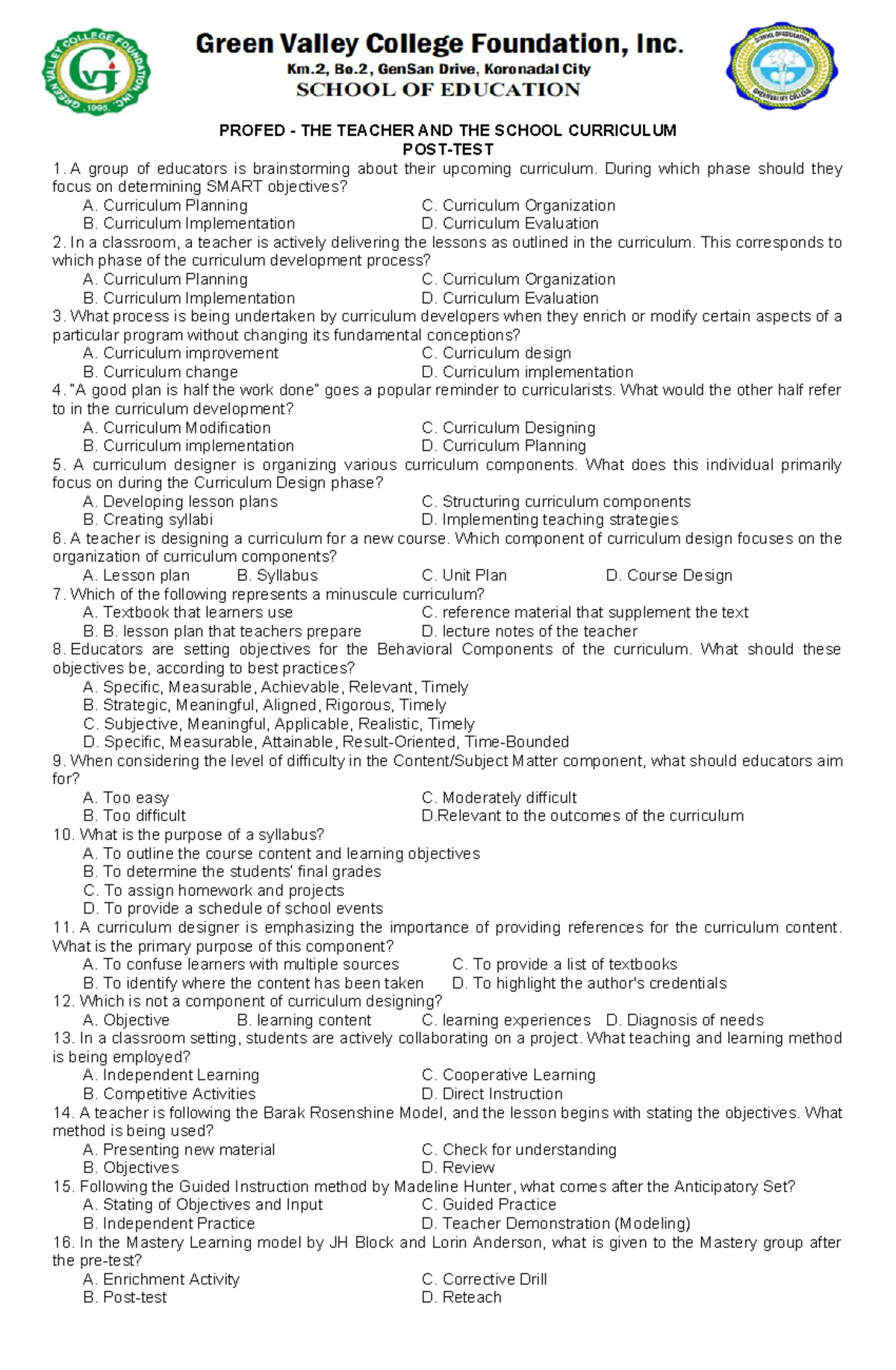 Profed Teacher and the School Curriculum POST TEST - PROFED - THE ...