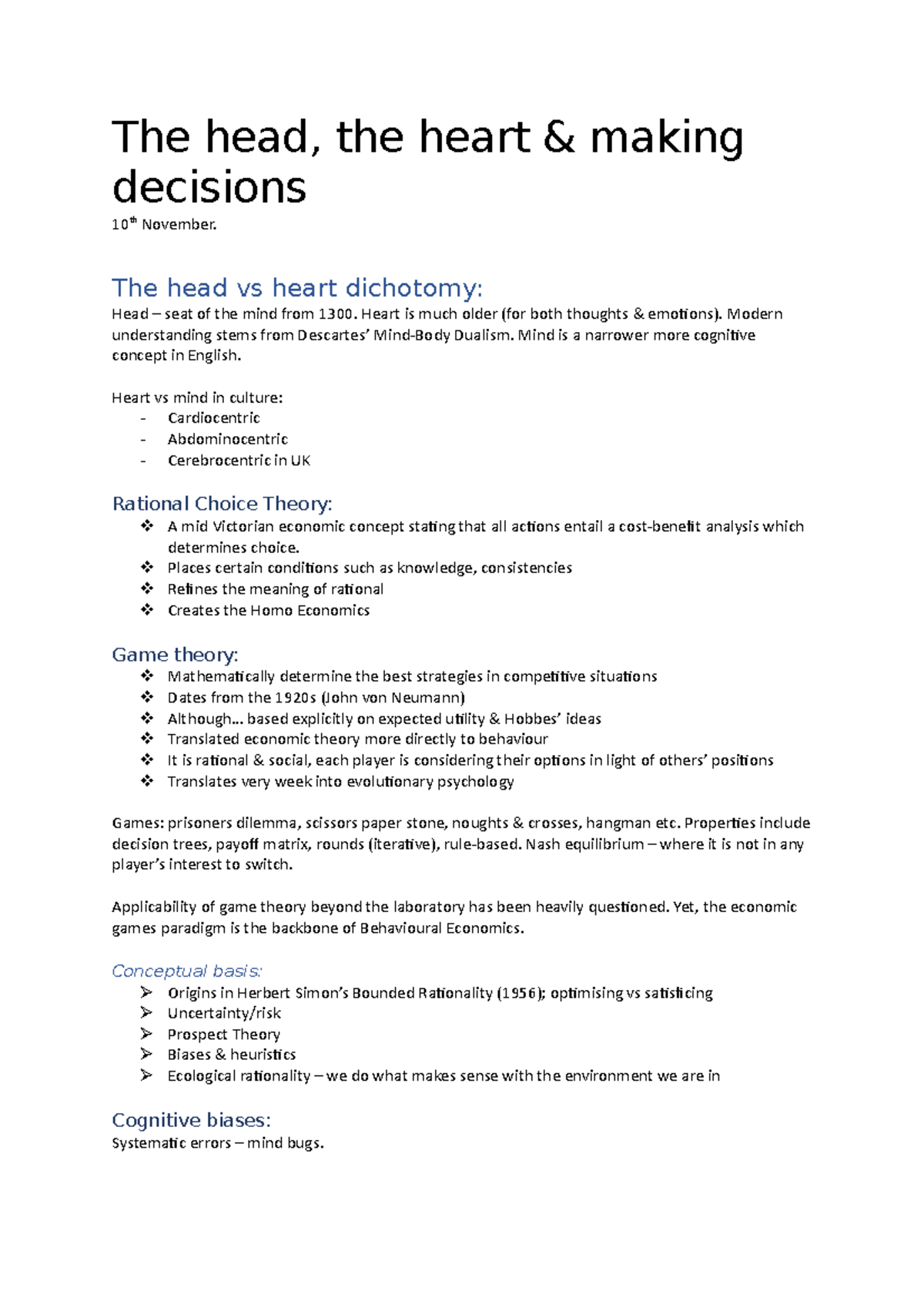 The head, heart & making decisions - tues 10th nov - The head, the ...