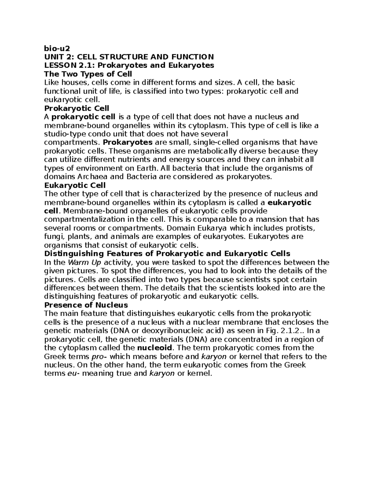 Bio - little study guide - bio-u UNIT 2: CELL STRUCTURE AND FUNCTION ...