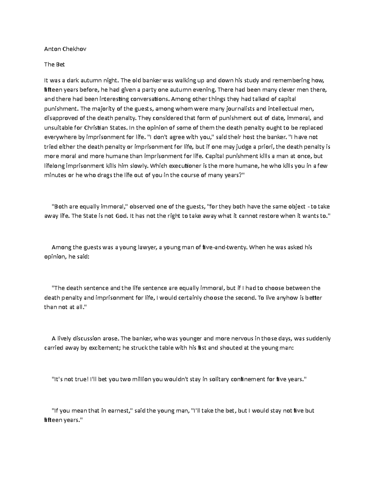 Anton Chekhov - beautiful stories. - Anton Chekhov The Bet It was a ...