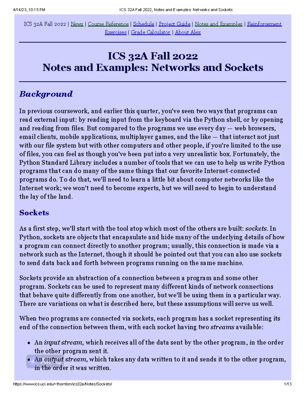 ICS 32A Fall 2022, Notes and Examples Networks and Sockets - ICS 32A ...