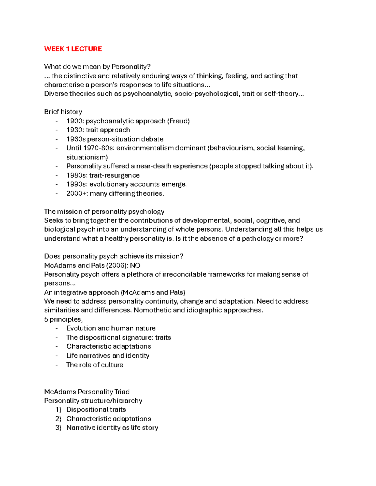 Lecture 1 notes - WEEK 1 LECTURE What do we mean by Personality ...