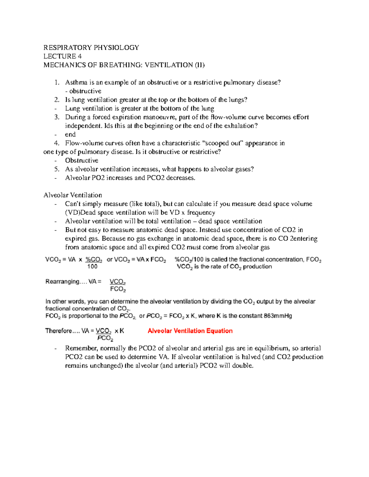Lecture 4 Ventilation - RESPIRATORY PHYSIOLOGY LECTURE 4 MECHANICS OF ...