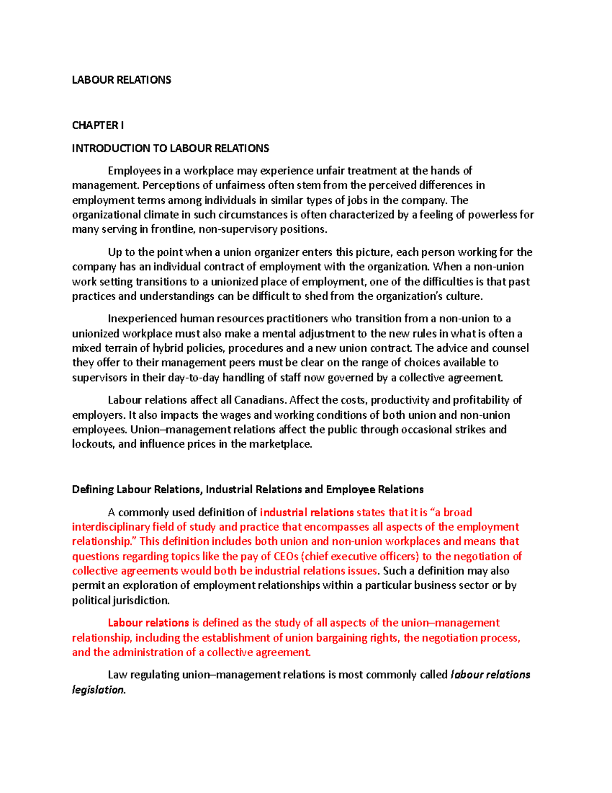 Labour Relations - Summaries of chapters 1-4 and 6 - LABOUR RELATIONS ...