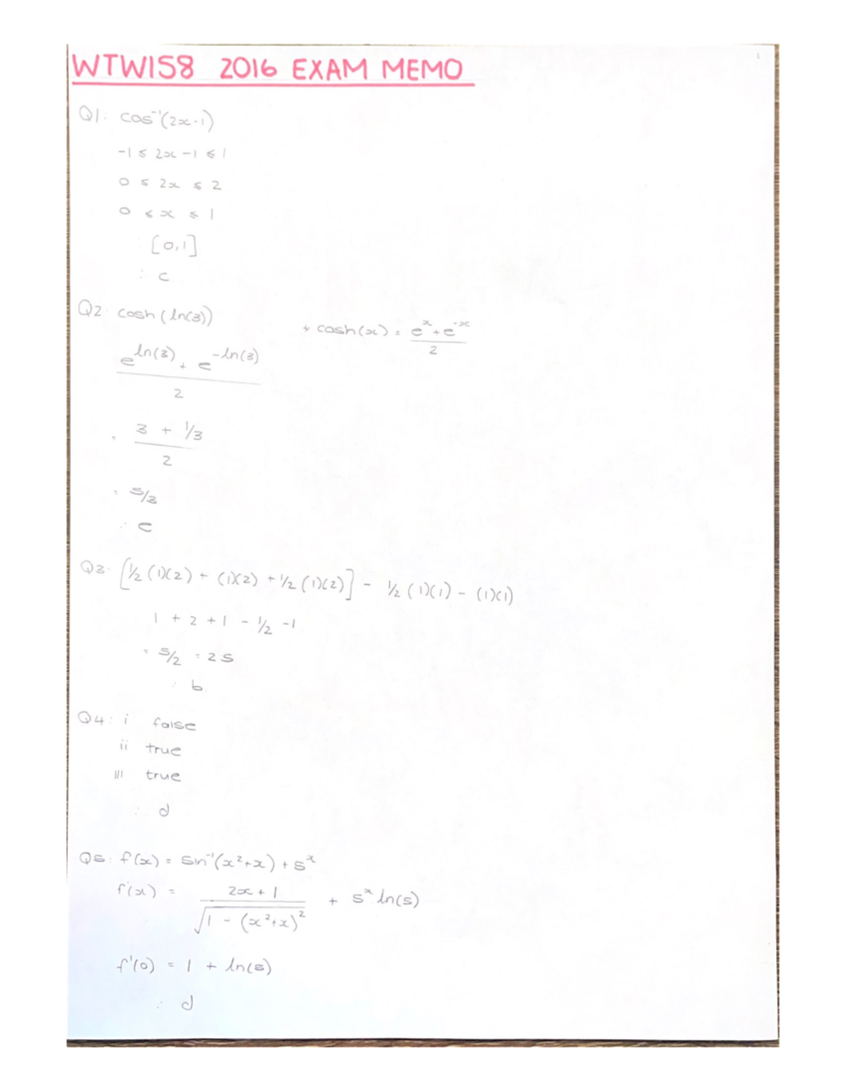 WTW158 2016 Exam Memo NEW - WTWIS8 2016 EXAM MEMO Q1 0 5 2x 2 : C Q2 ...