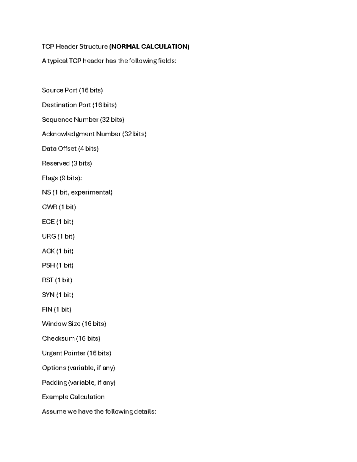 Net1 Calculation - TCP Header Structure (NORMAL CALCULATION) A typical ...