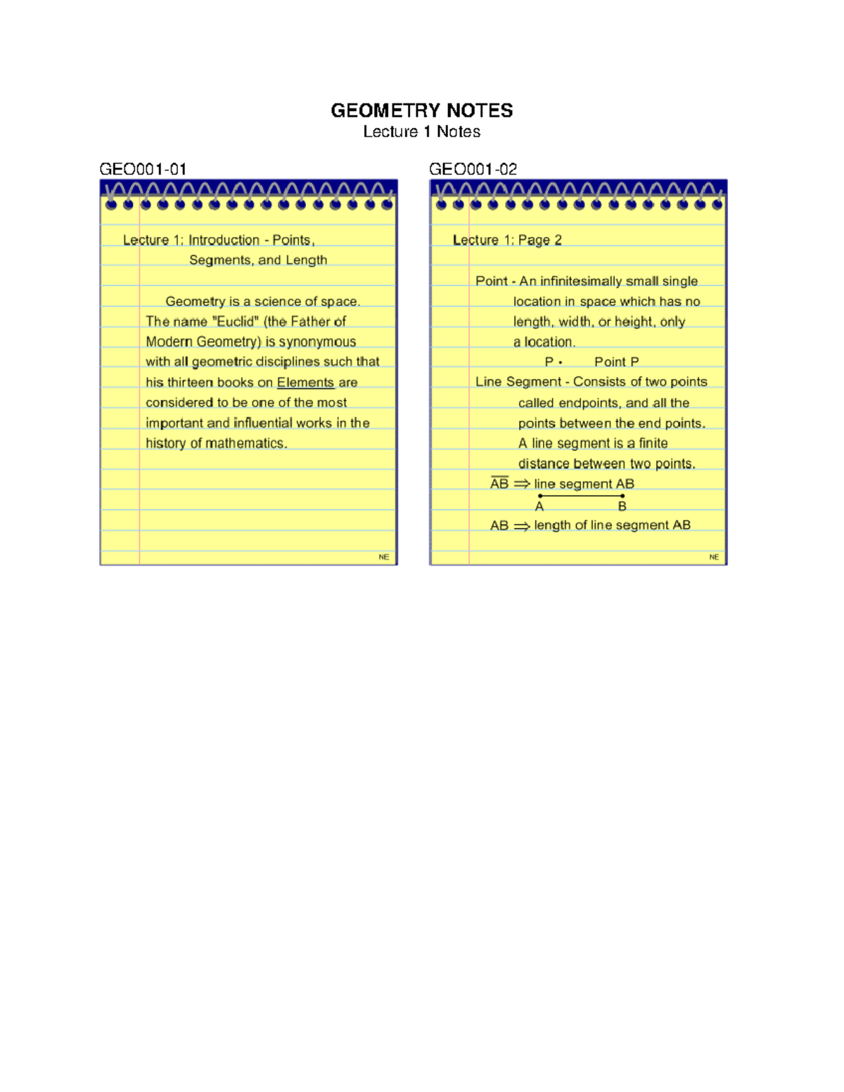 GEONotes - GEOMETRY NOTES Lecture 1 Notes GEO001-01 GEO001- Lecture 2 ...