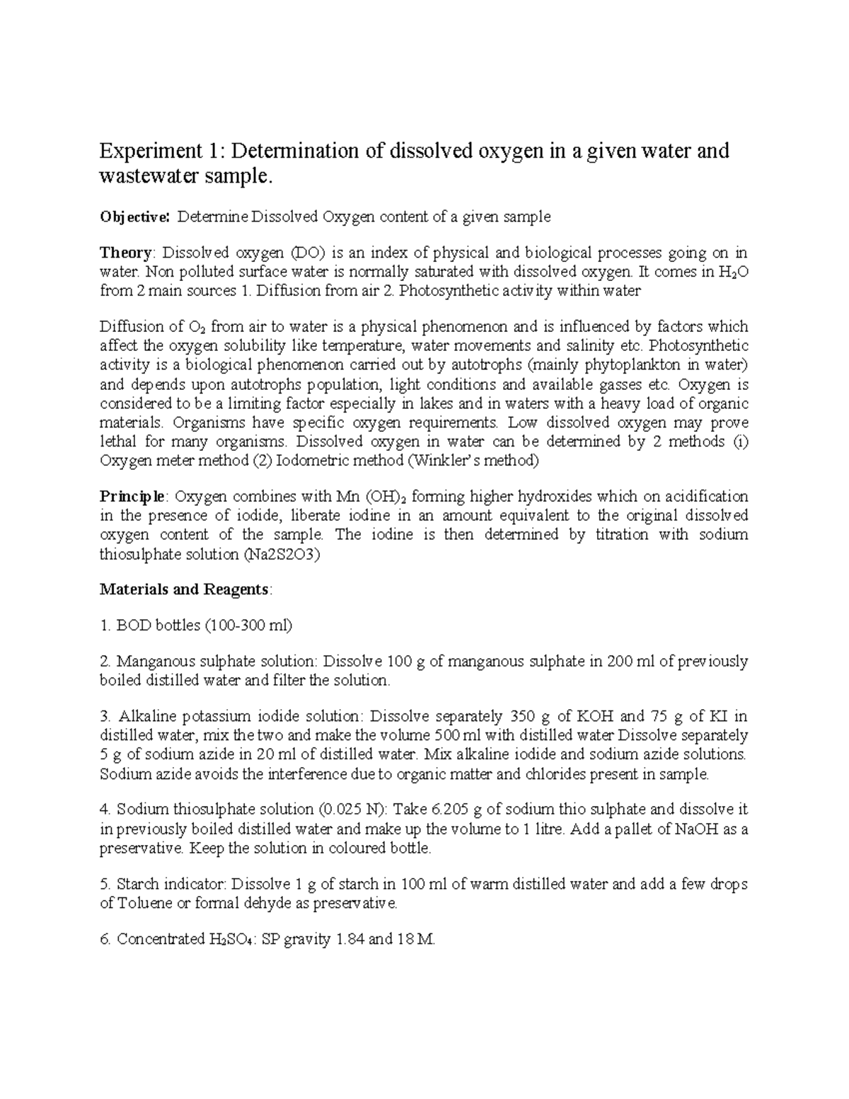 Experiment 1 - Determination of dissolved oxygen in a given water and ...