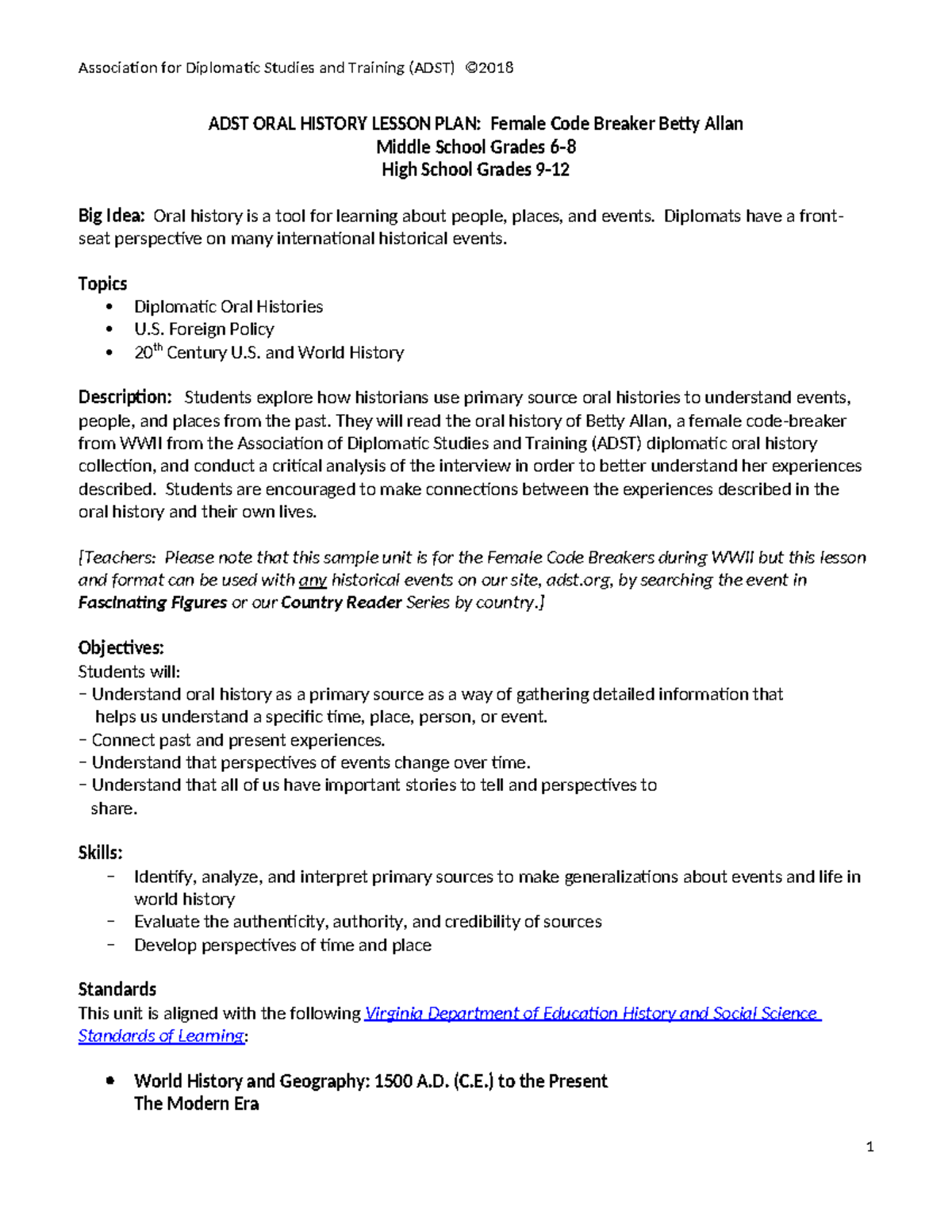 Codebreaker.Betty.Allan - ADST ORAL HISTORY LESSON PLAN: Female Code ...