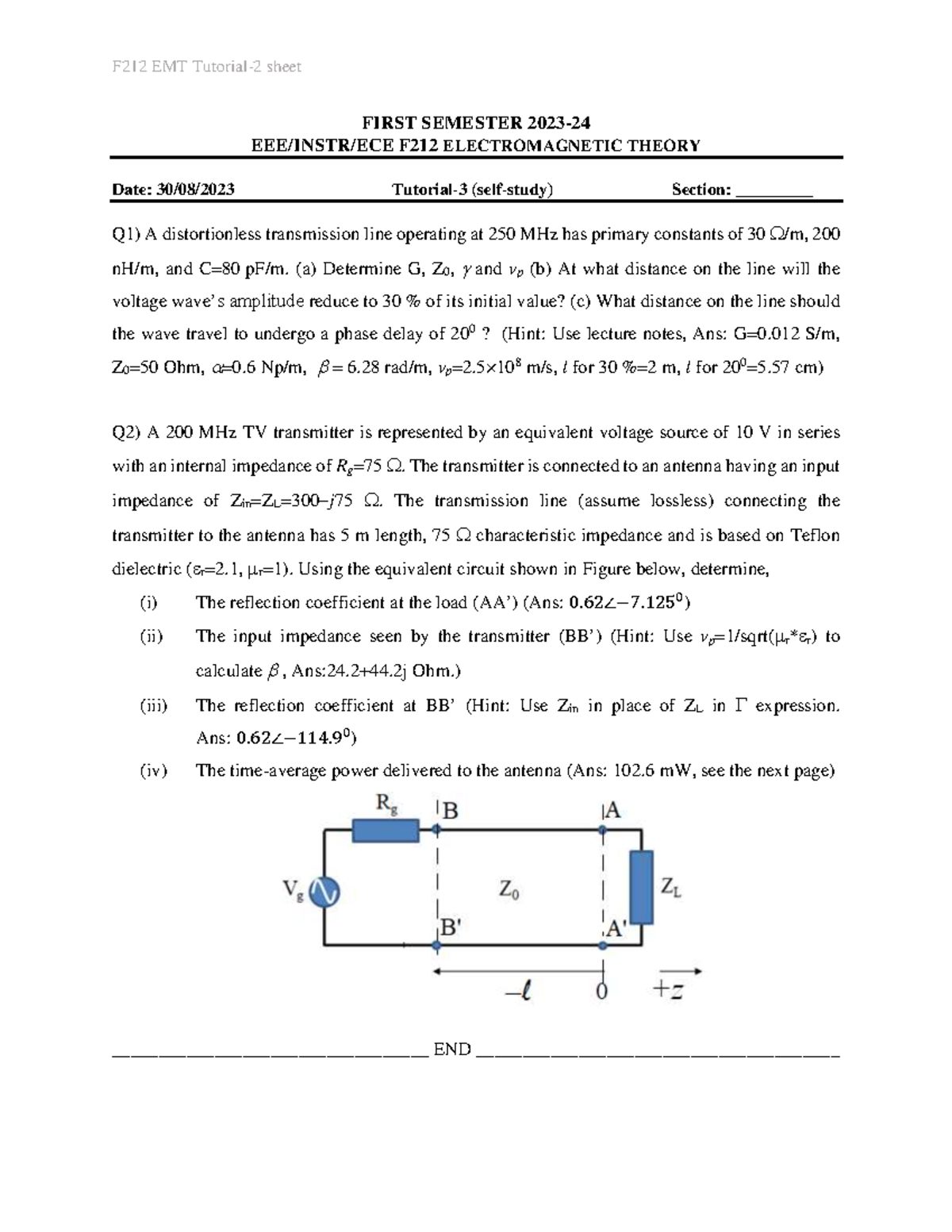 Tut3 30-08-2023 - tut 3 - F212 EMT Tutorial- 2 sheet FIRST SEMESTER 202 3 - 24 EEE/INSTR/ECE ...