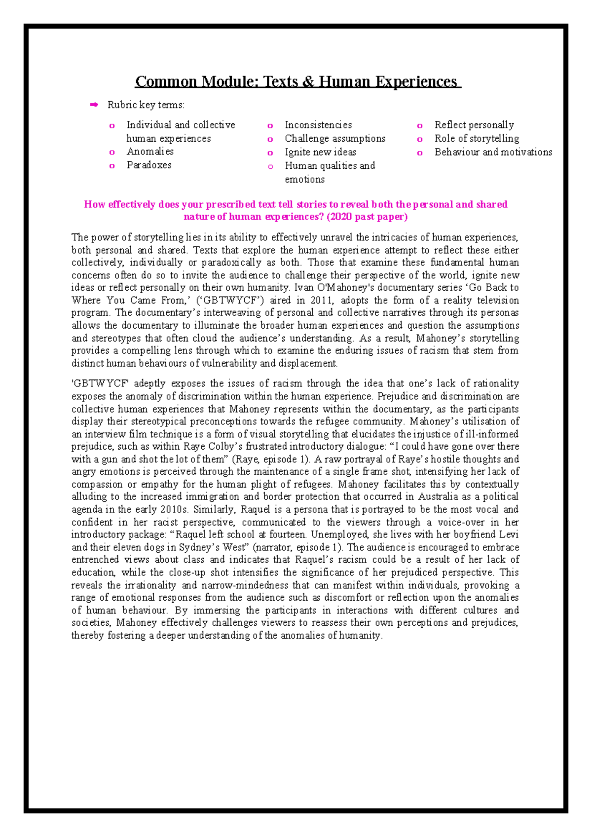 English Revision HSC (Long-Responses) - Common Module: Texts & Human ...