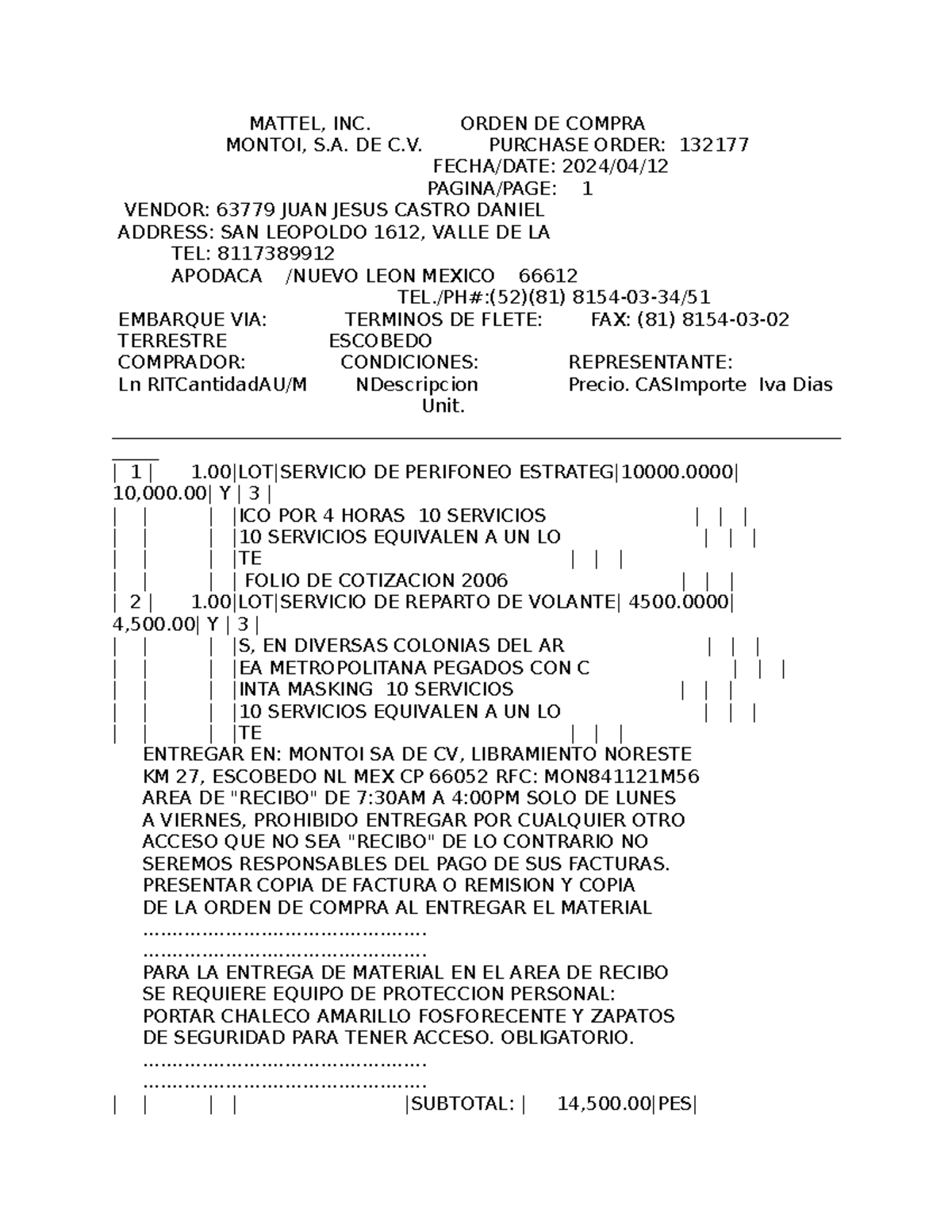 PO132177 - MATTEL, INC. ORDEN DE COMPRA MONTOI, S. DE C. PURCHASE ORDER ...