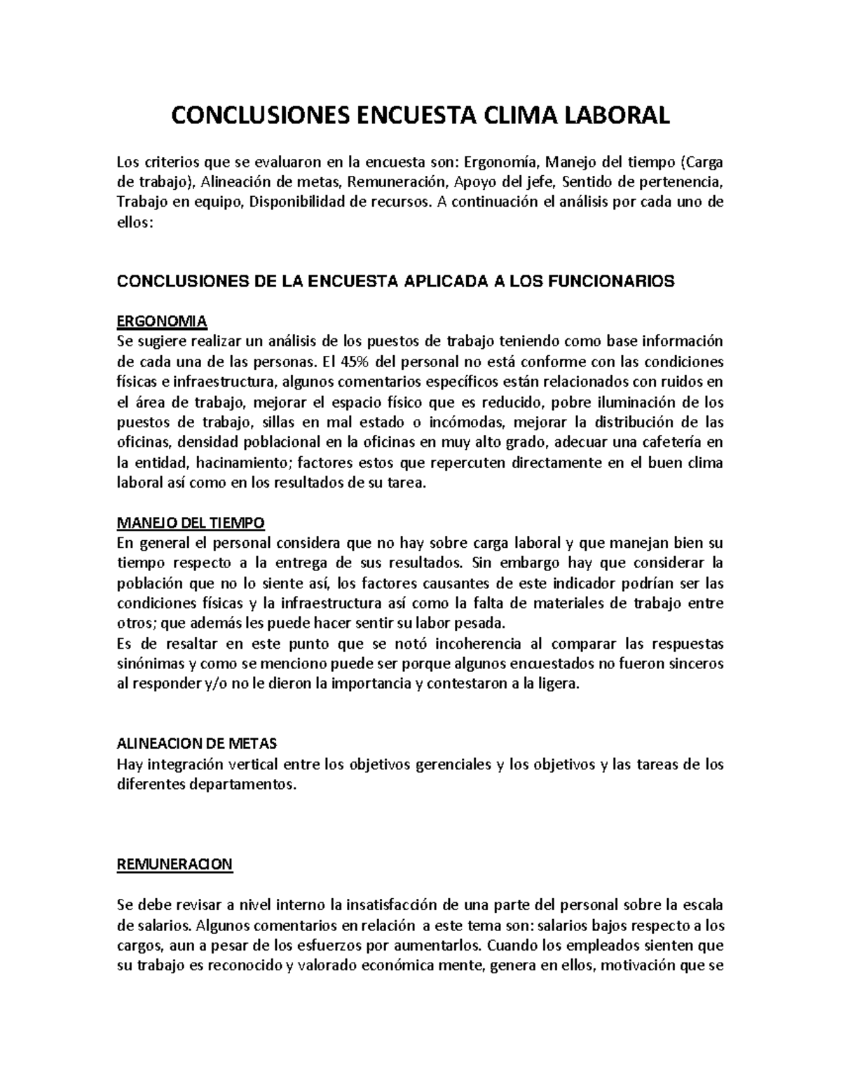 Conclusiones Encuesta Clima Laboral - CONCLUSIONES ENCUESTA CLIMA ...