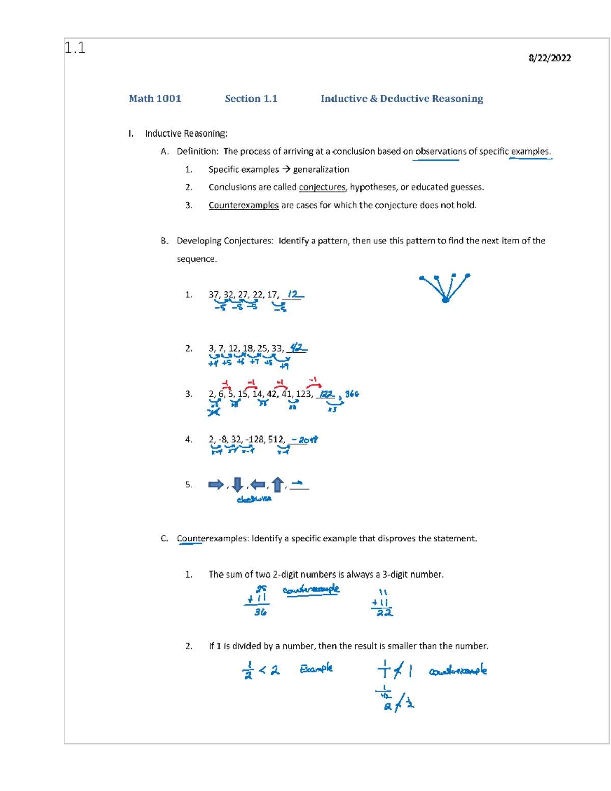 1001-062 Lecture 1 - Notes from professor - MATH 1001 - 8/22/ - Studocu