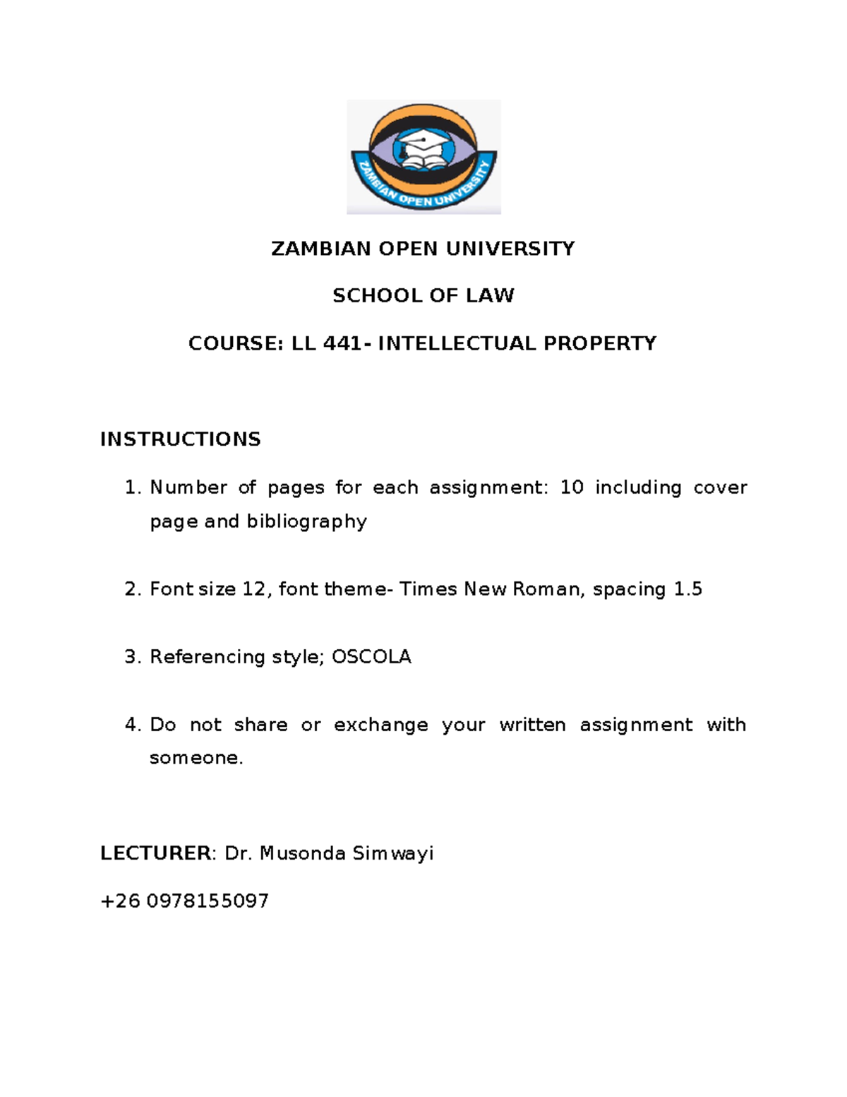 IP Assignment - intellectual property law - ZAMBIAN OPEN UNIVERSITY ...