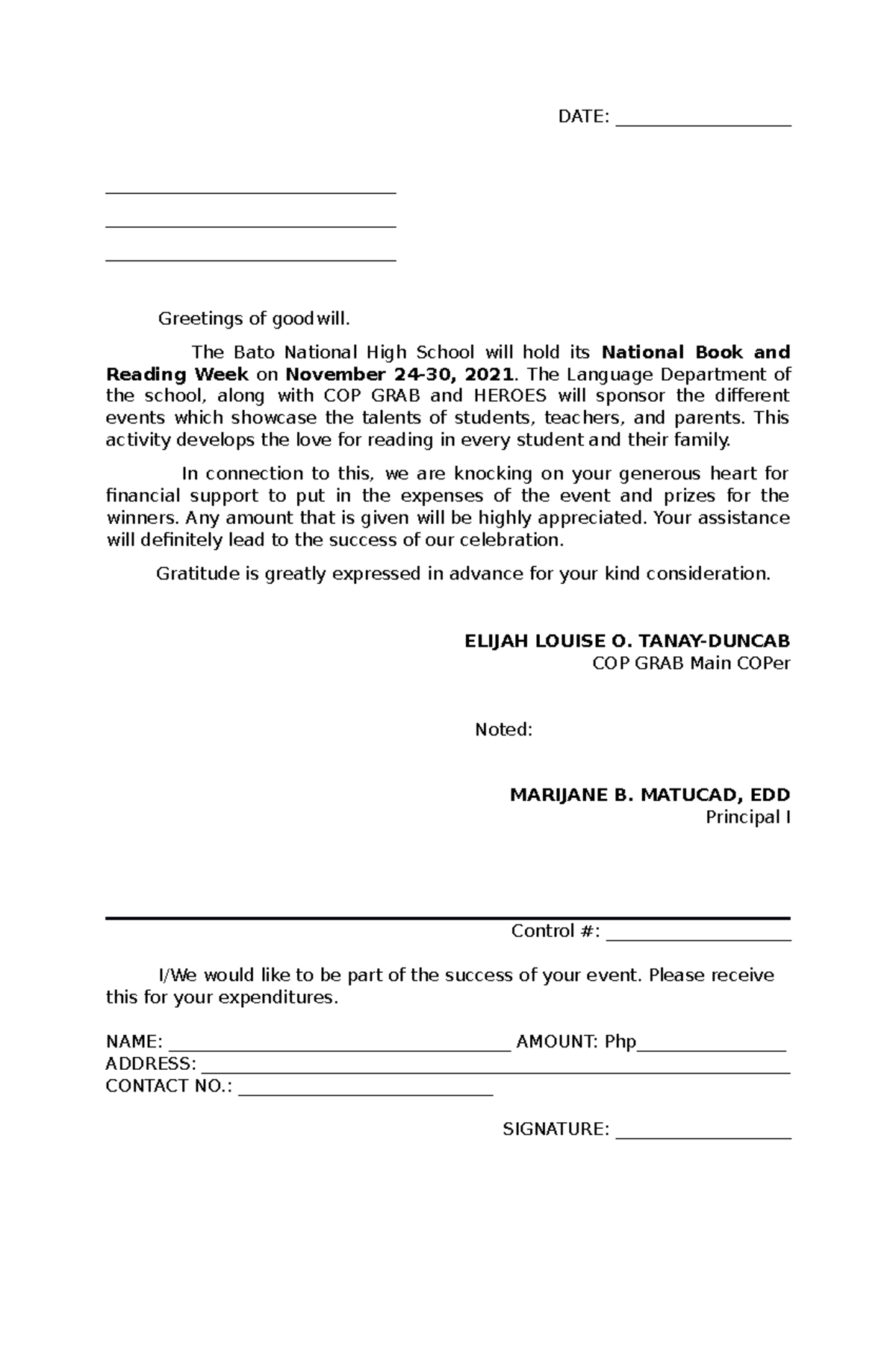 Solicitation Letter - DATE ...