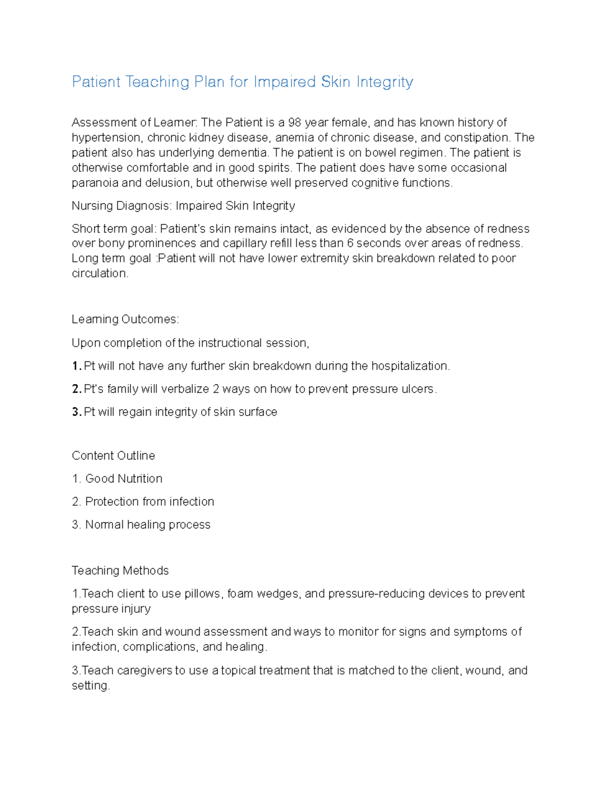 Teaching plan for patient - Patient Teaching Plan for Impaired Skin ...