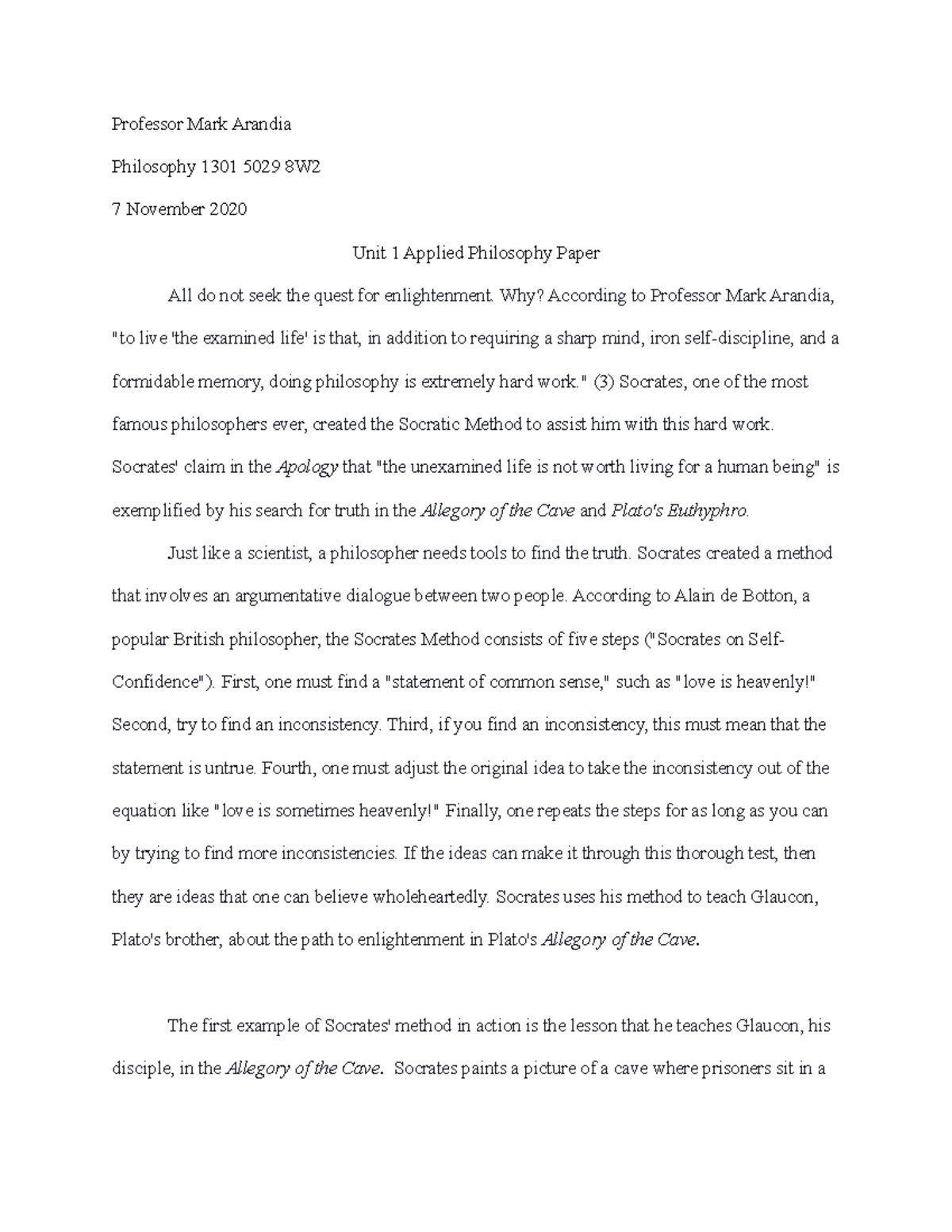 Intro to Philosophy: Unit 1 Applied Philosophy paper - Professor Mark ...