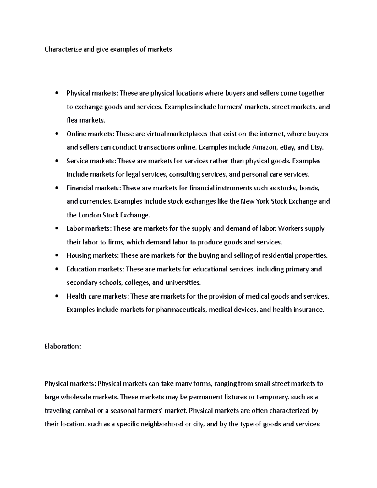 Characterize and give examples of markets - Examples include farmers ...