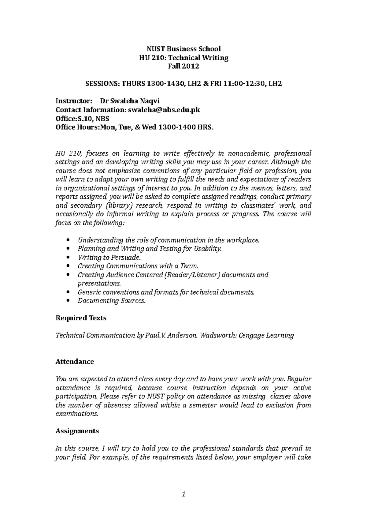 HU 210 TECH Writing - COURSE OUTLINE - NUST Business School HU 210 ...