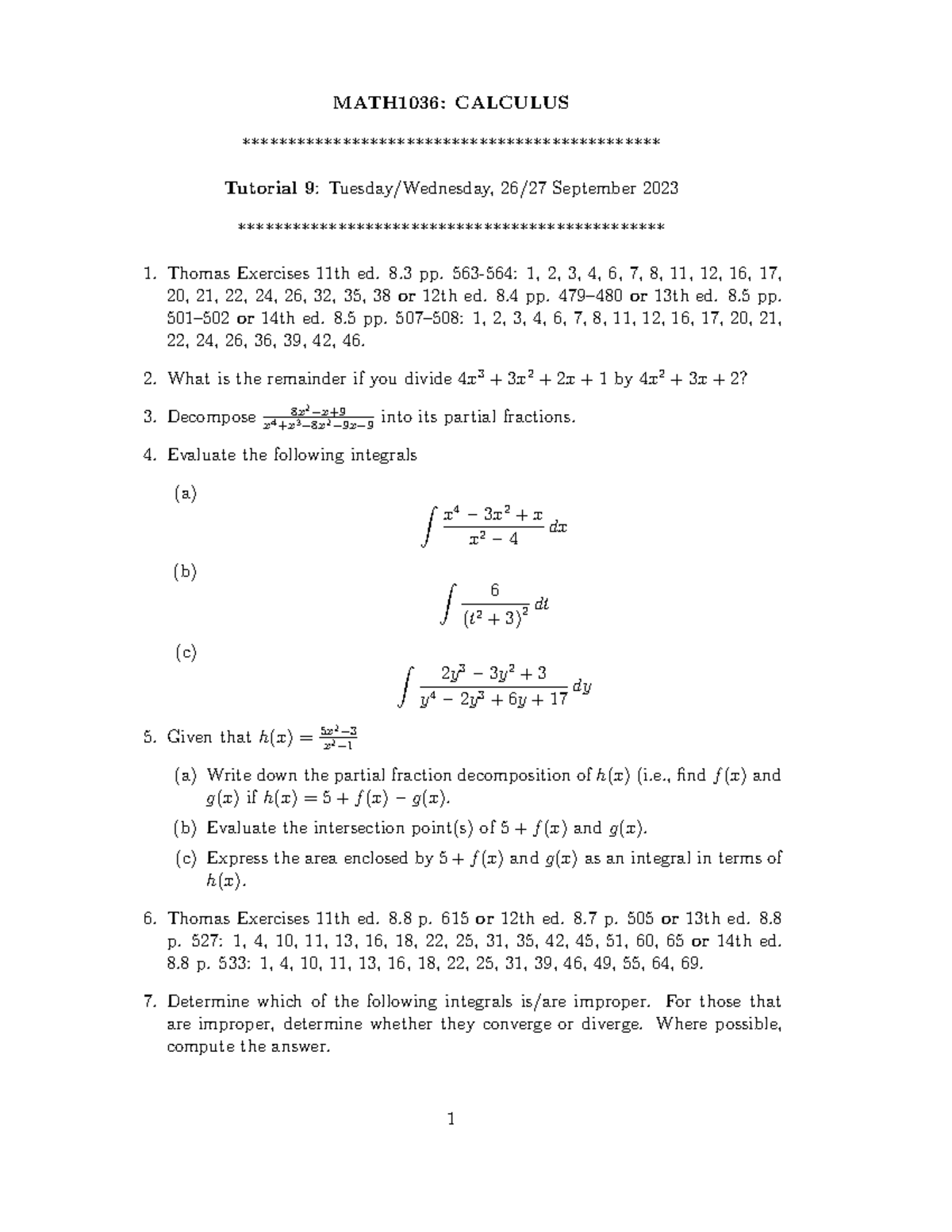 Tutorial 9 - MATH1036: CALCULUS ...