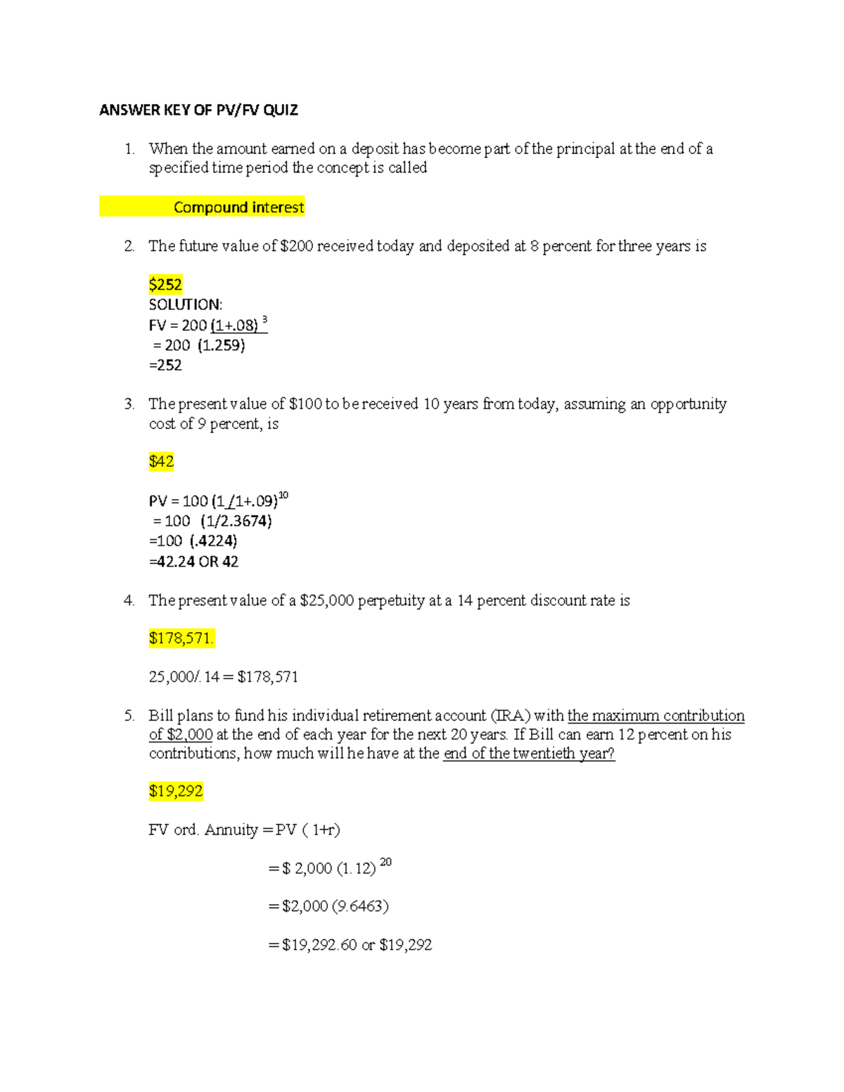 Answer Key FM 211 QUIZ Present Value 2 - ANSWER KEY OF PV/FV QUIZ When ...