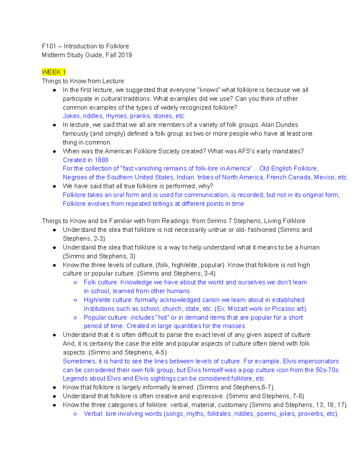 Midterm study guide - F101 3 Introduction to Folklore Midterm Study ...