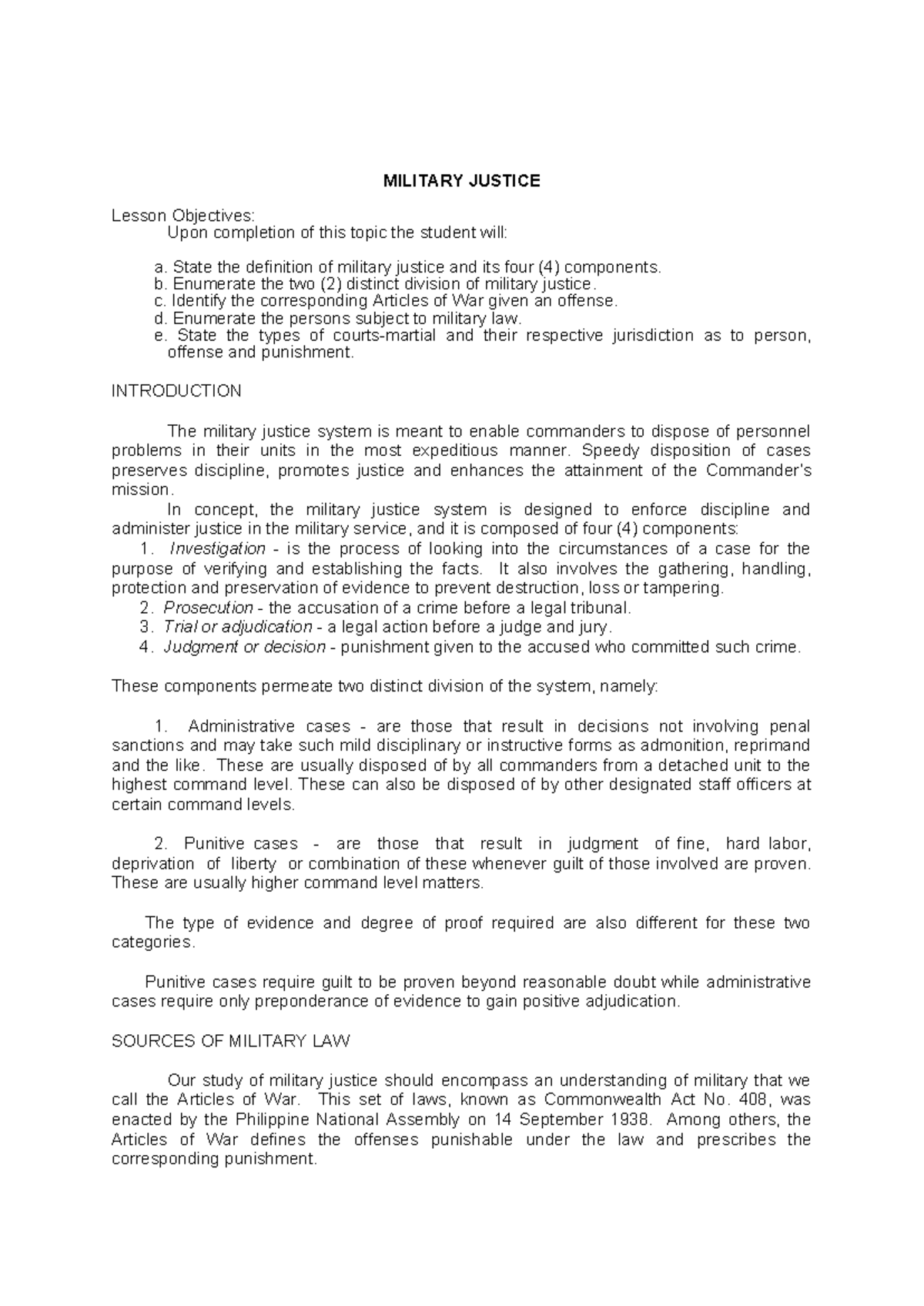 7 - practice materials - MILITARY JUSTICE Lesson Objectives: Upon ...