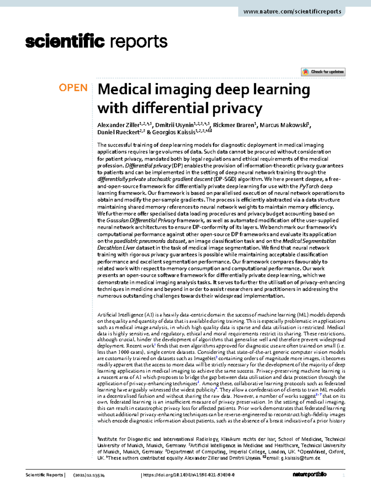 Medical imaging deep learning with differential privacy - 1 Vol ...