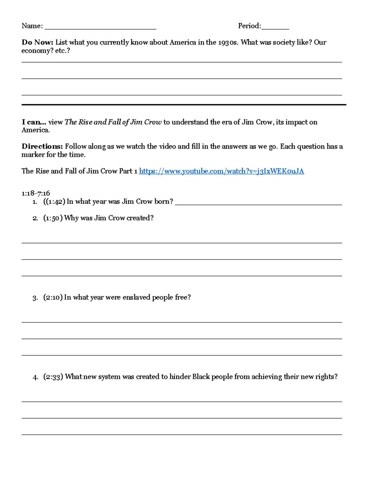 The Rise and Fall of Jim Crow PBSDocumentary Notes - Name ...