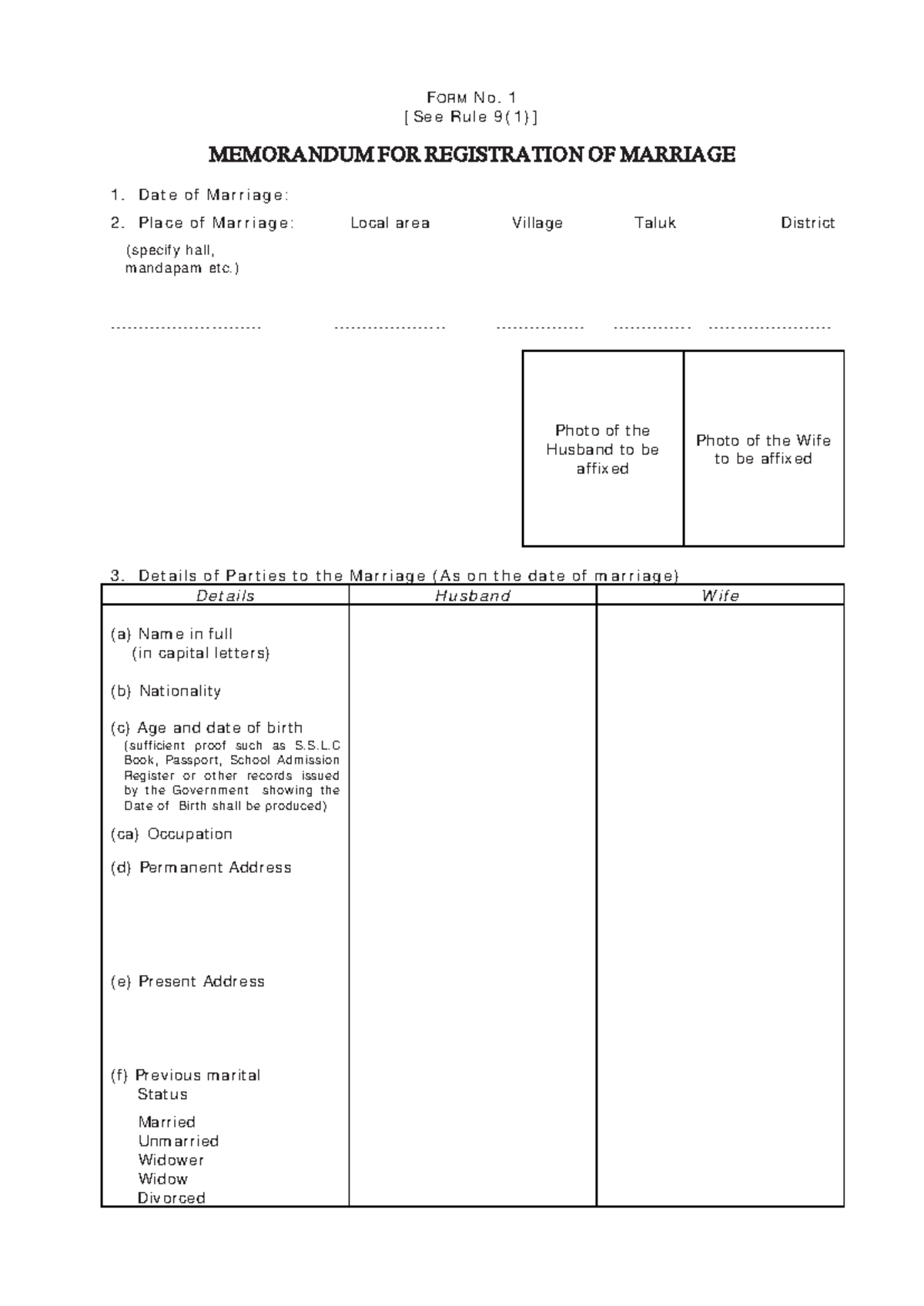 FORM No. 1&2 Memorandum of Marriage Solemnization - F ORM No. 1 [See ...