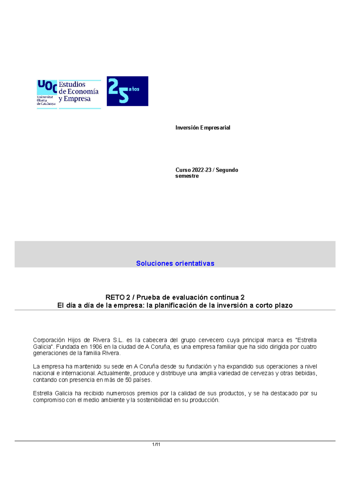 Inversemp PEC2 - ejercicio practico - Inversión Empresarial Curso 2022-23 / Segundo semestre ...