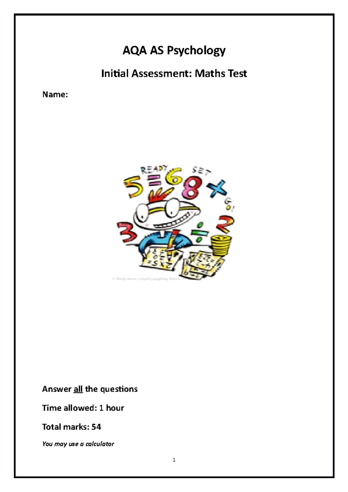 Maths Skills Self assessment Test AQA AS Psychology Initial