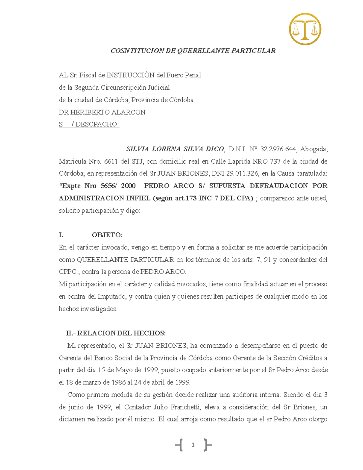 Parcial 1 NOTA 9 COSNTITUCION DE QUERELLANTE PARTICULAR AL Sr Fiscal