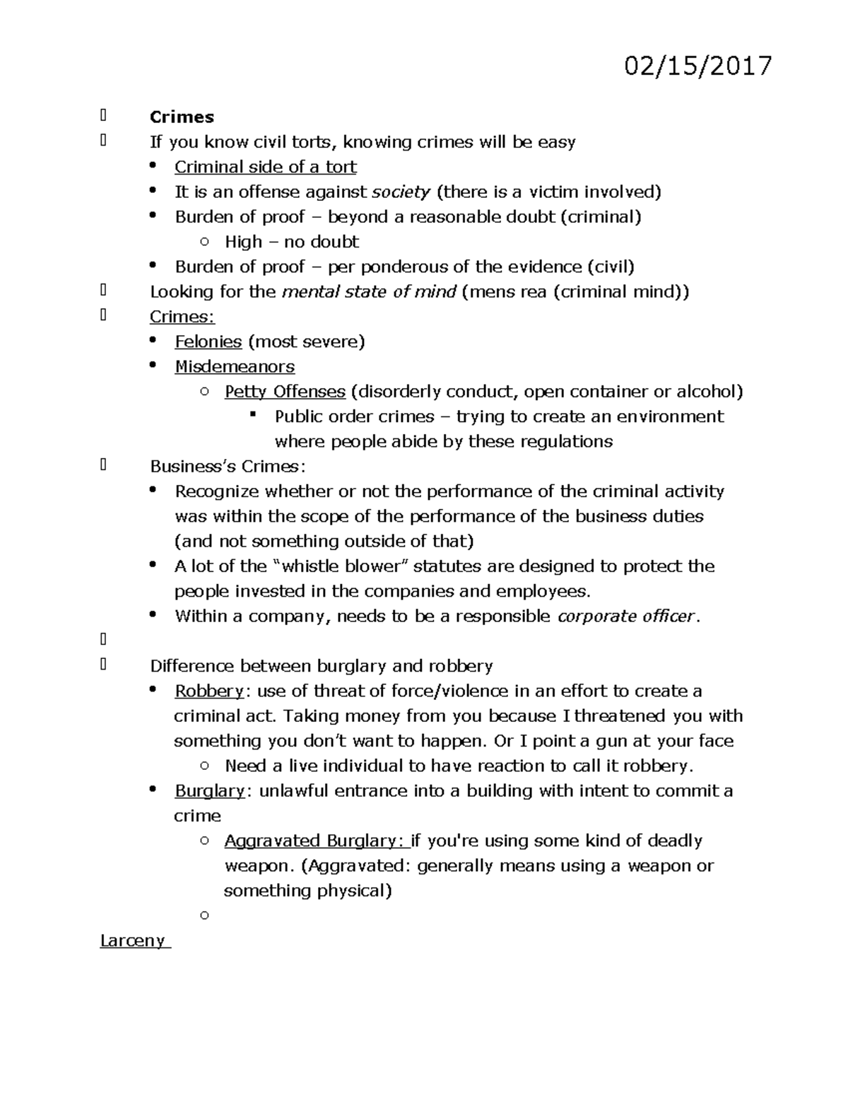 Chapter 9 and 10 - Lecture notes 9-10 - Crimes If you know civil torts ...