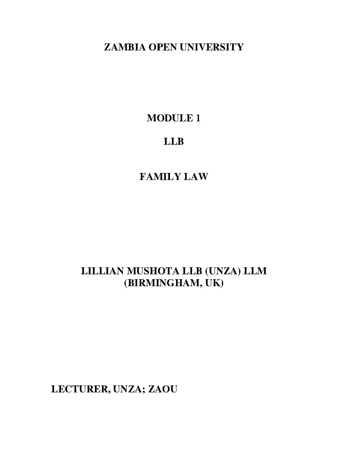 Family law - unit 1- Family Module - ZAMBIA OPEN UNIVERSITY MODULE 1 ...