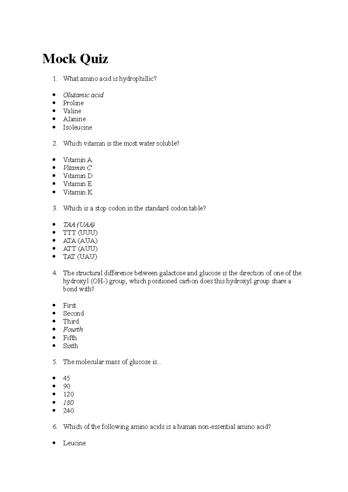 Mock Quiz Mock Quiz On Questions Formed From Lecture Contents Mock Quiz What Amino Acid Is