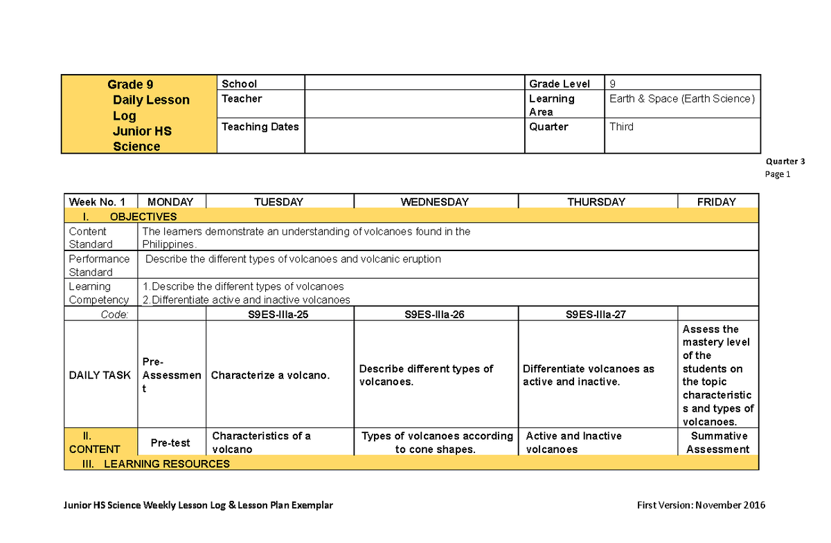 Grade 9, Quarter 3 - lesson plan - Quarter 3 Page 1 Week No. 1 MONDAY ...