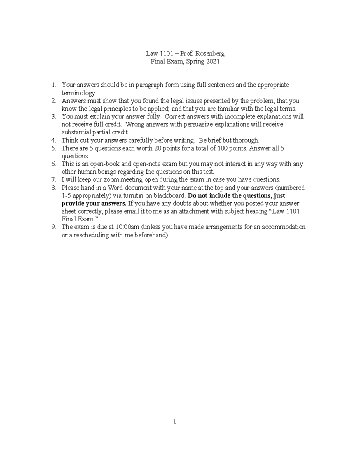 Final Exam - Law 1101 – Prof. Rosenberg Final Exam, Spring 2021 Your ...