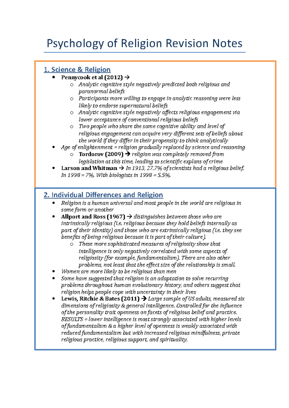 Psychology of Religion Revision Notes - Science Religion Pennycook et ...