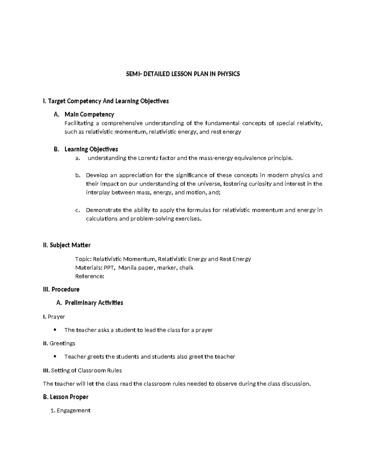 SEMI- Detailed Lesson PLAN Modern Physics - SEMI- DETAILED LESSON PLAN ...