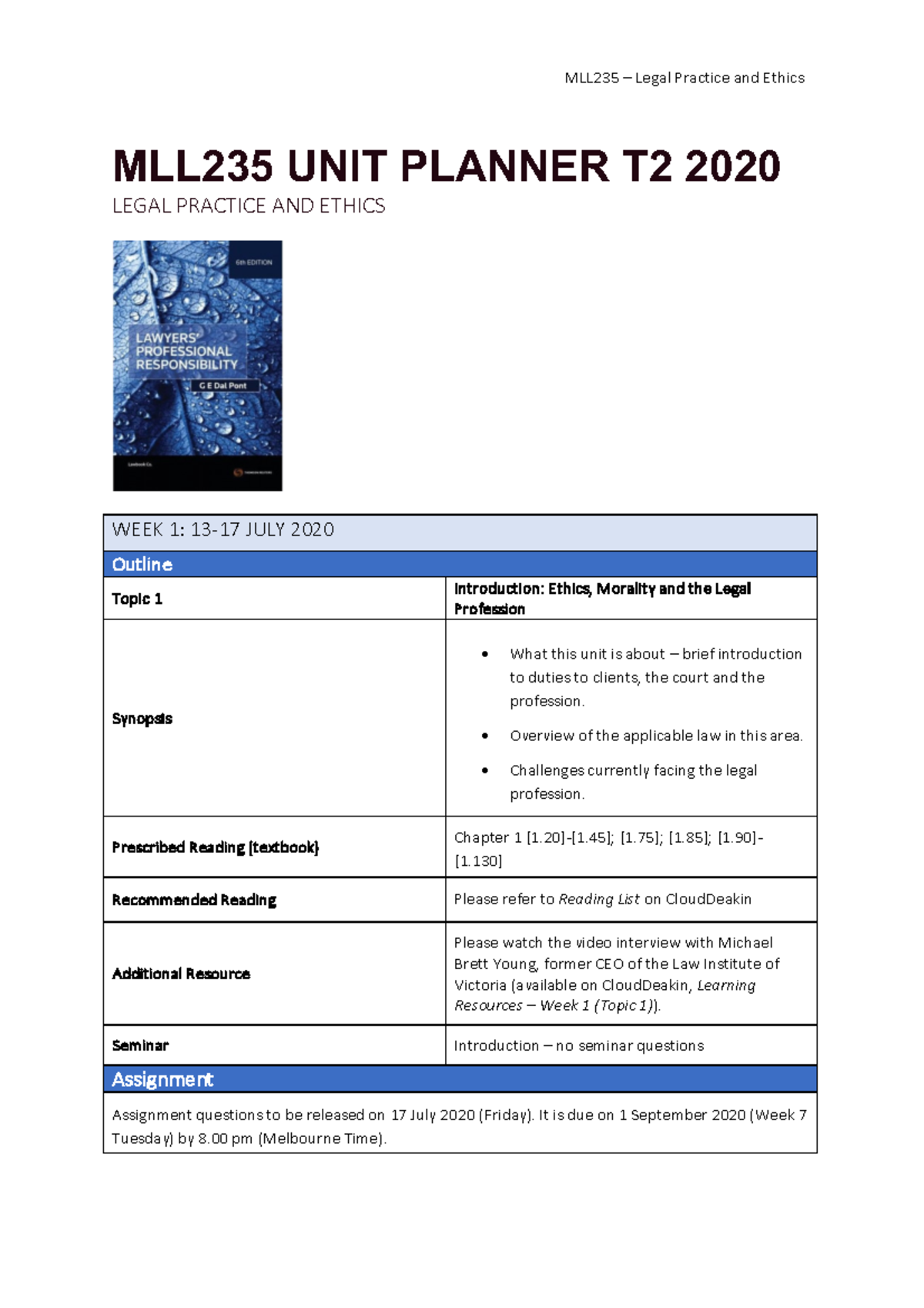 MLL235 Unit Planner - T2 2020 - Warning: TT: undefined function: 32 MLL2 35 UNIT PLANNER T2 2020 ...