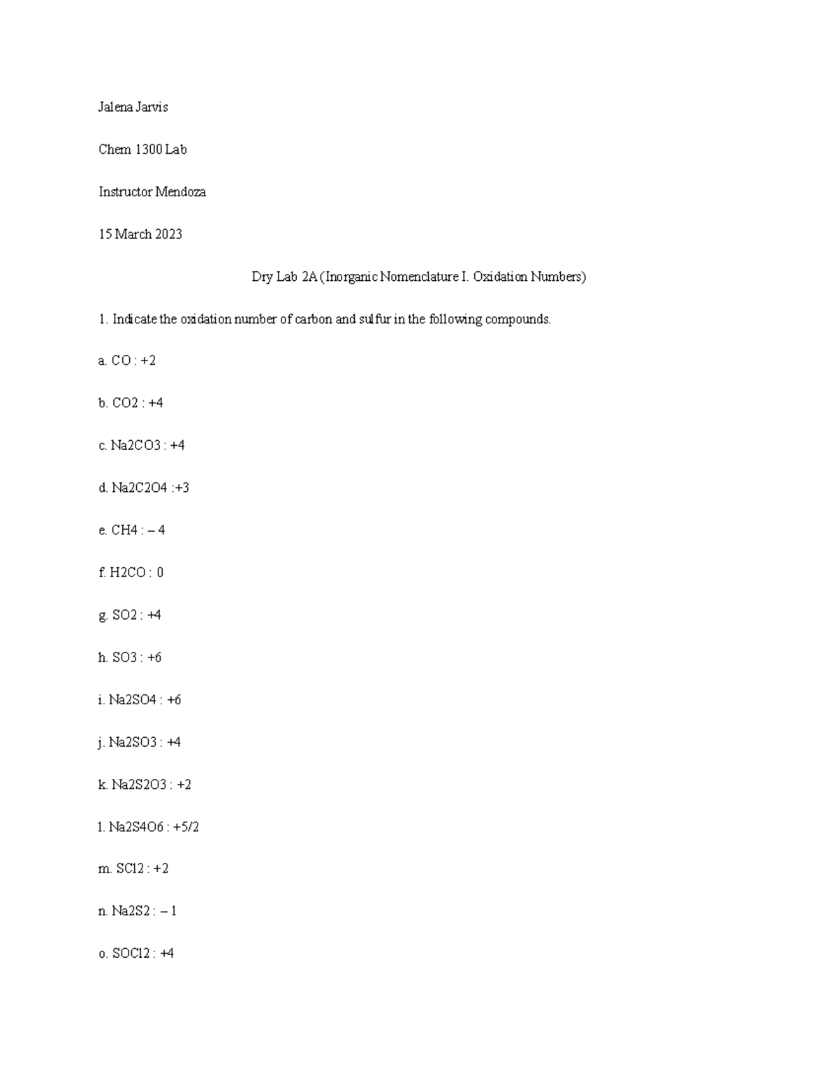 Dry Lab 2A - Dry Lab 2a - Jalena Jarvis Chem 1300 Lab Dry Lab 2A ...