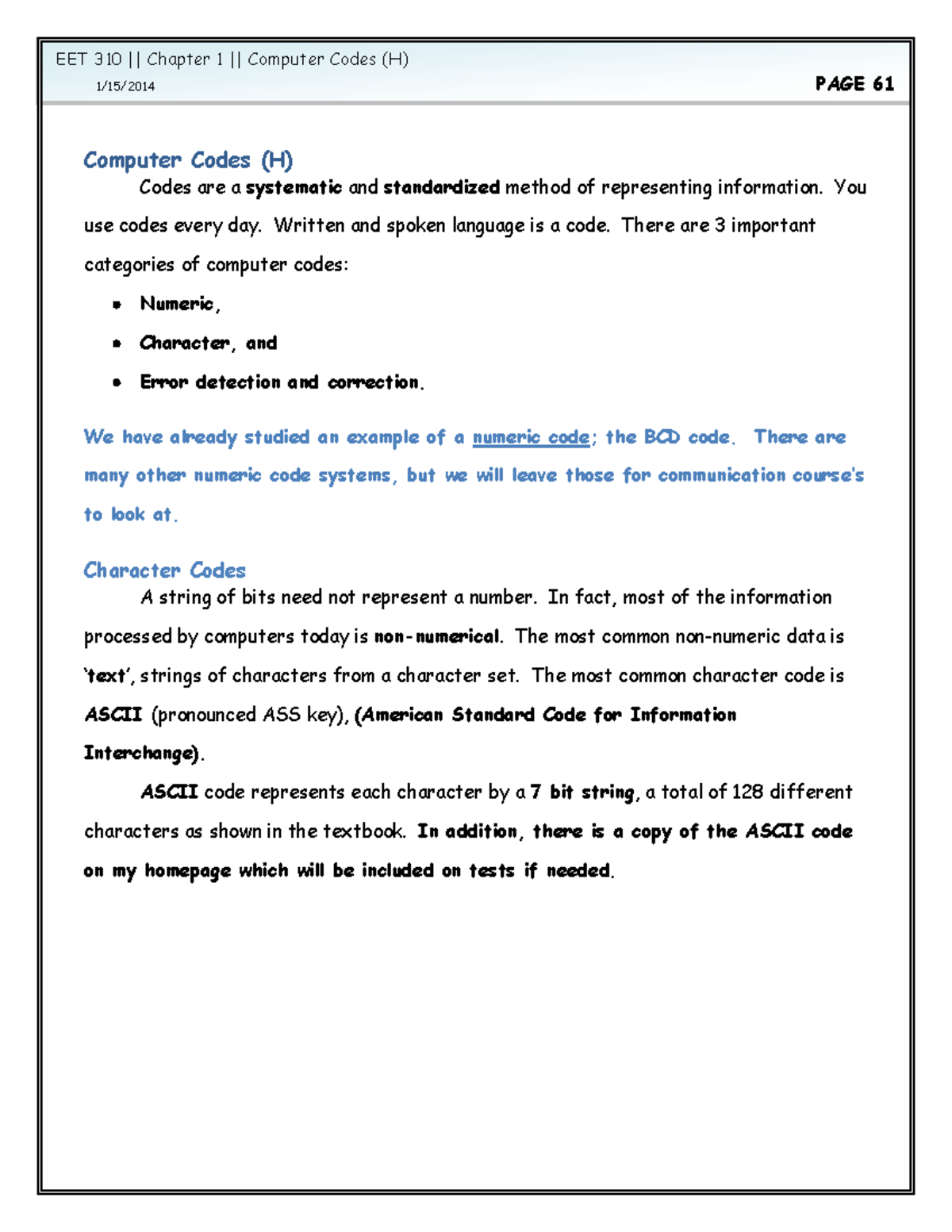 E310 chap 1H Codes - Lecture notes 1 - EET 310 Chapter 1 Computer Codes ...