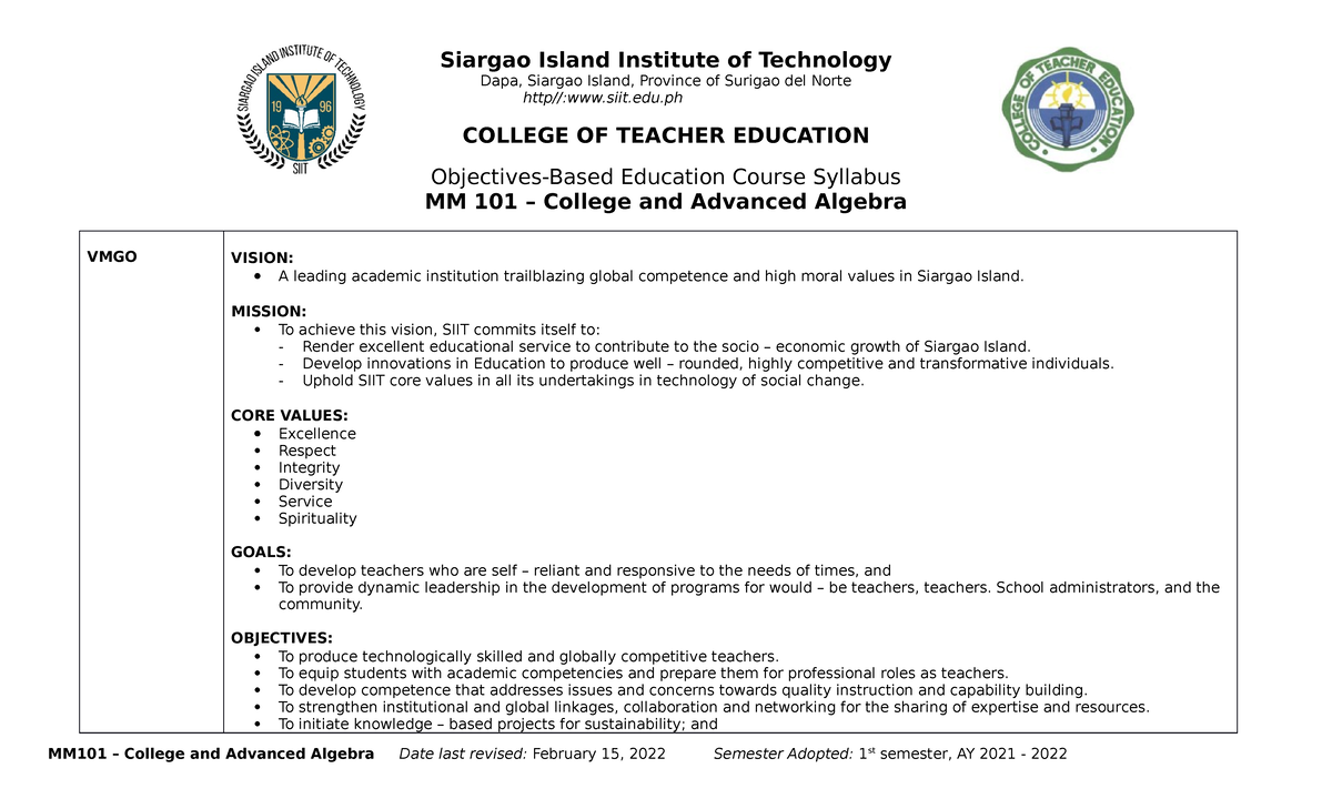 Course Syllabus - College and Advanced Algebra - Siargao Island ...