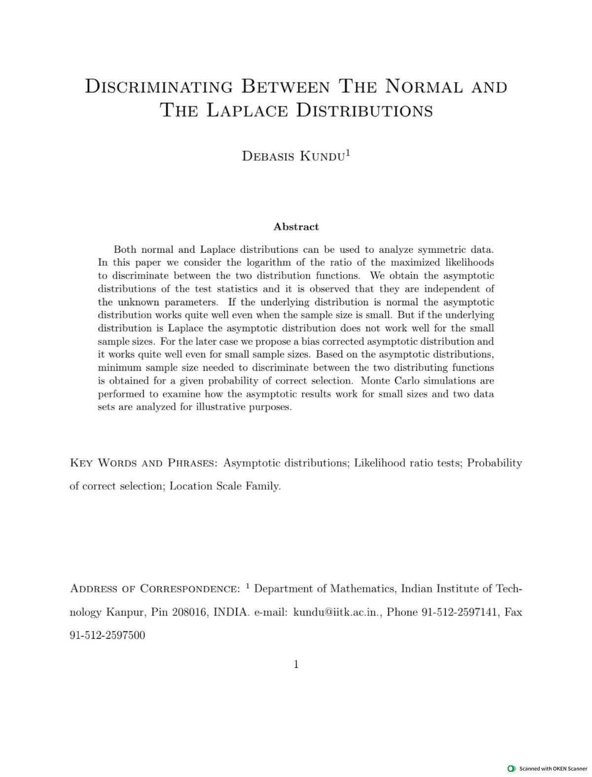 Discriminating between the Normal and the Laplace Distributions ...