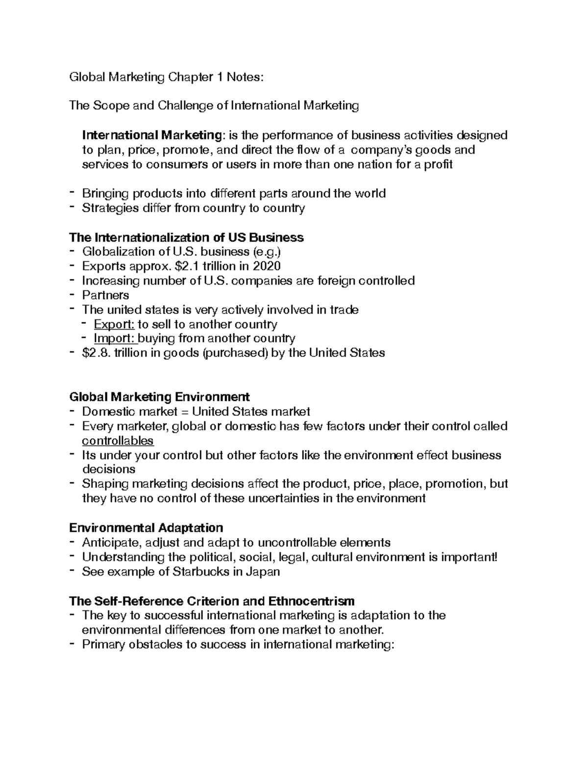 International Global Marketing Notes - Global Marketing Chapter 1 Notes ...