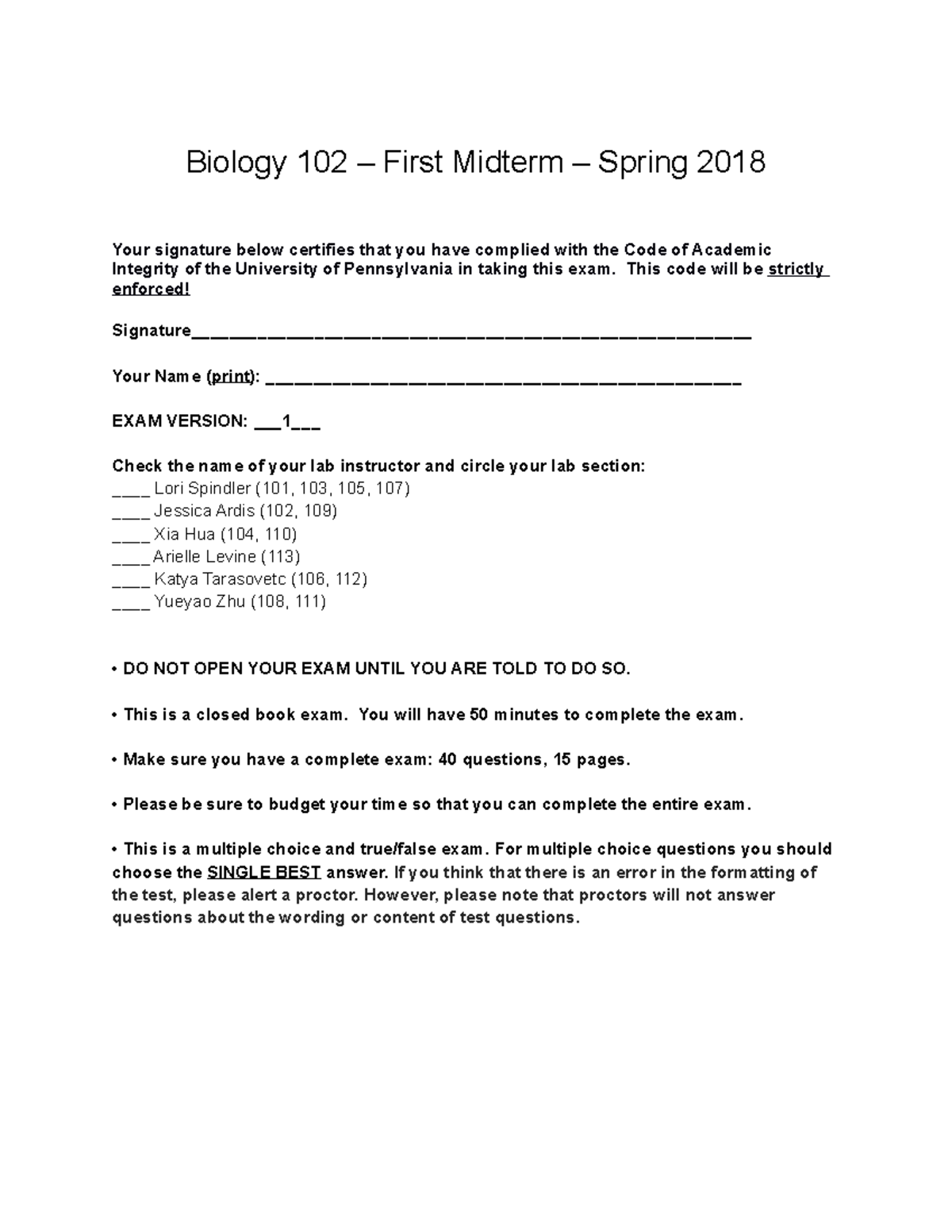 BIOL102 midterm 1 version 1 KEY - Biology 102 – First Midterm – Spring ...