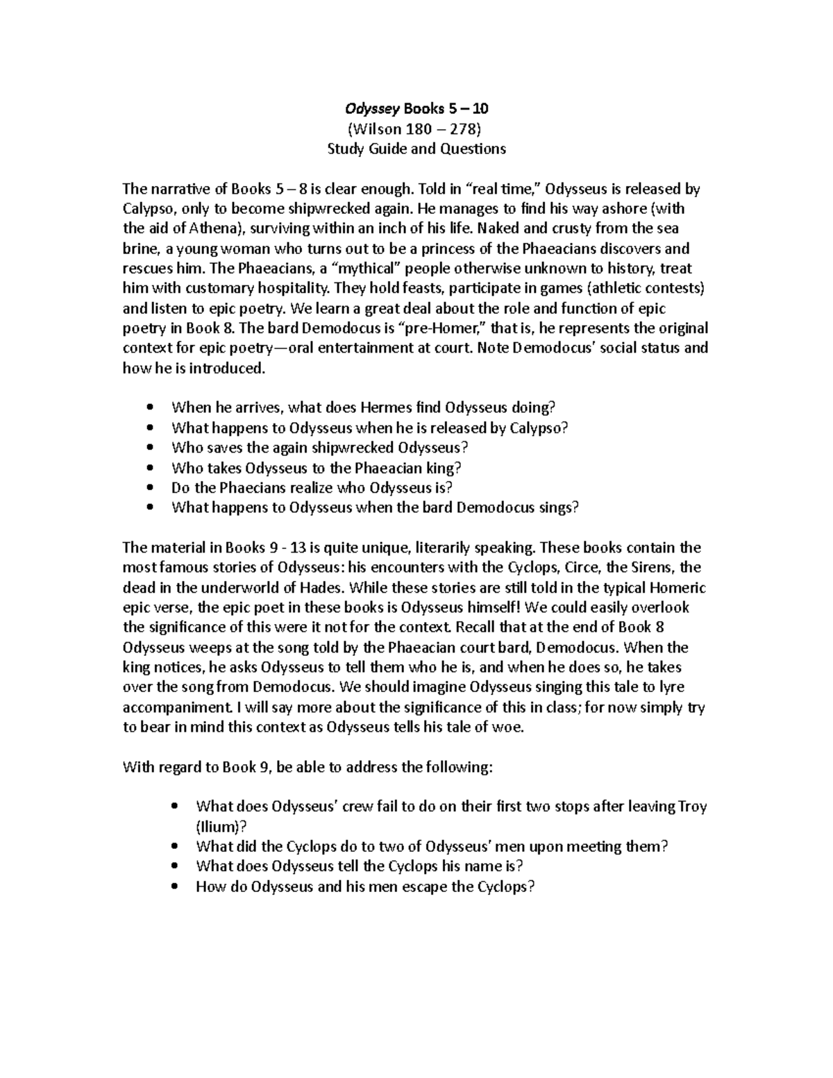 Odyssey Books 5 to 10 - Study Guide - Odyssey Books 5 – 10 (Wilson 180 ...