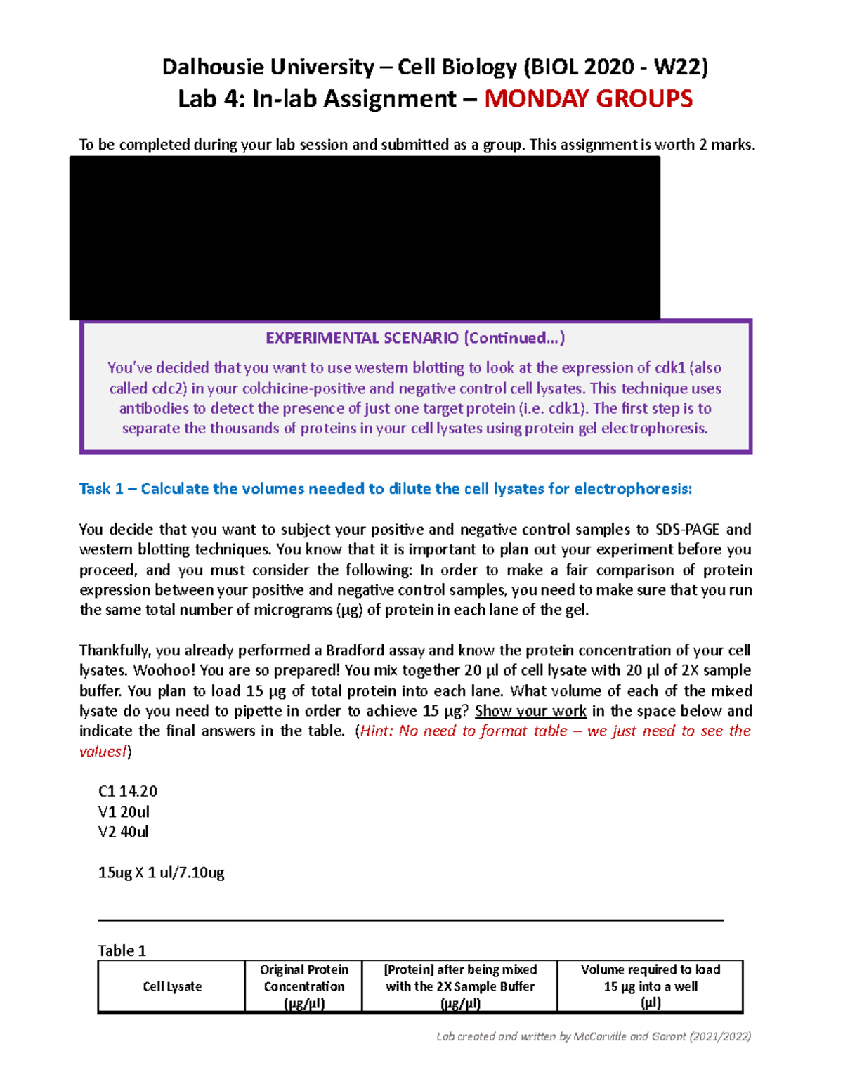 Lab4 - Cell Biology Mindy Mccarville Lab assignment - Dalhousie ...